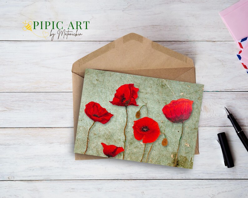Printable 'poppy Love' Foldable Card With Vintage Green Background Hand ...