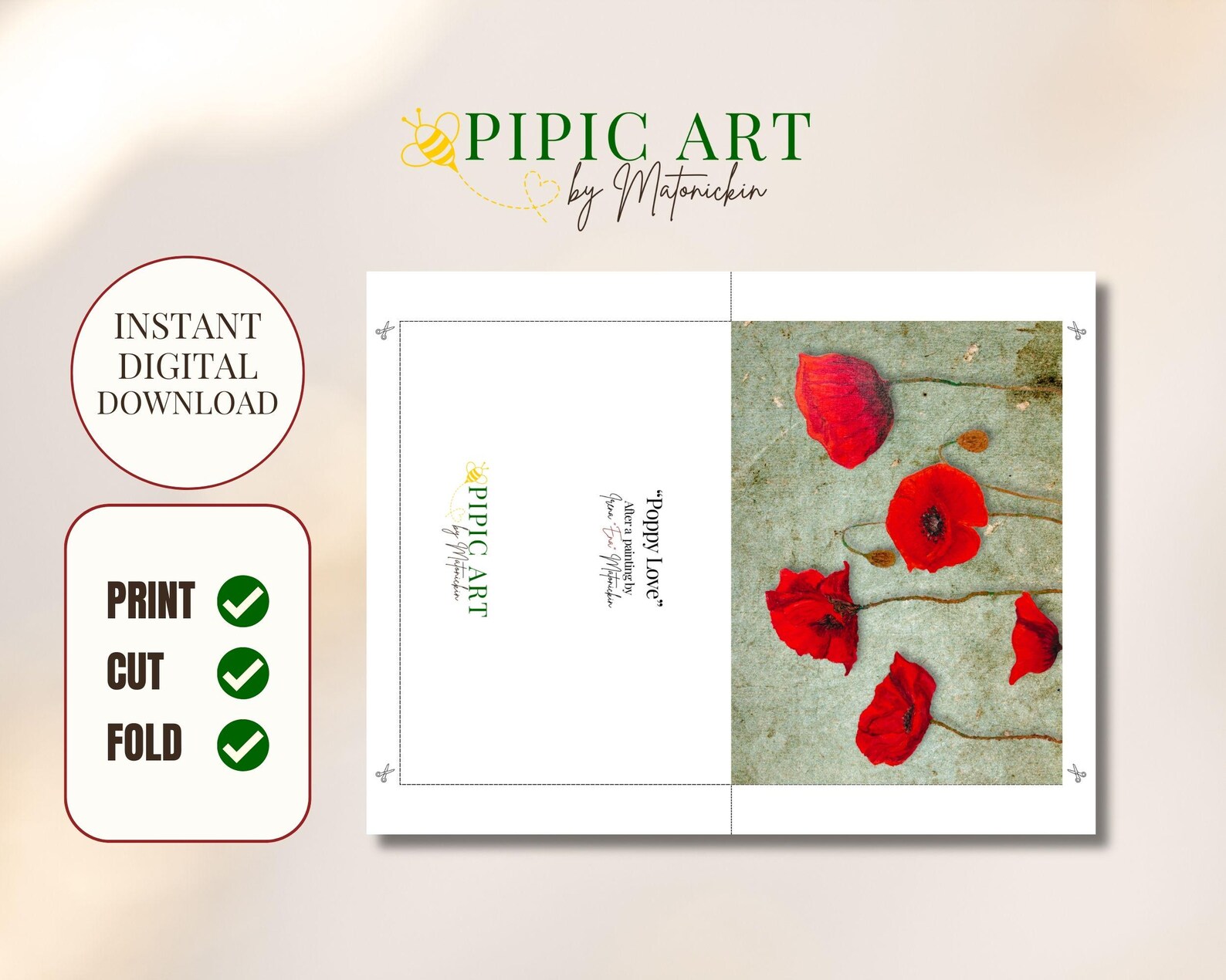 Printable 'poppy Love' Foldable Card With Vintage Green Background Hand ...