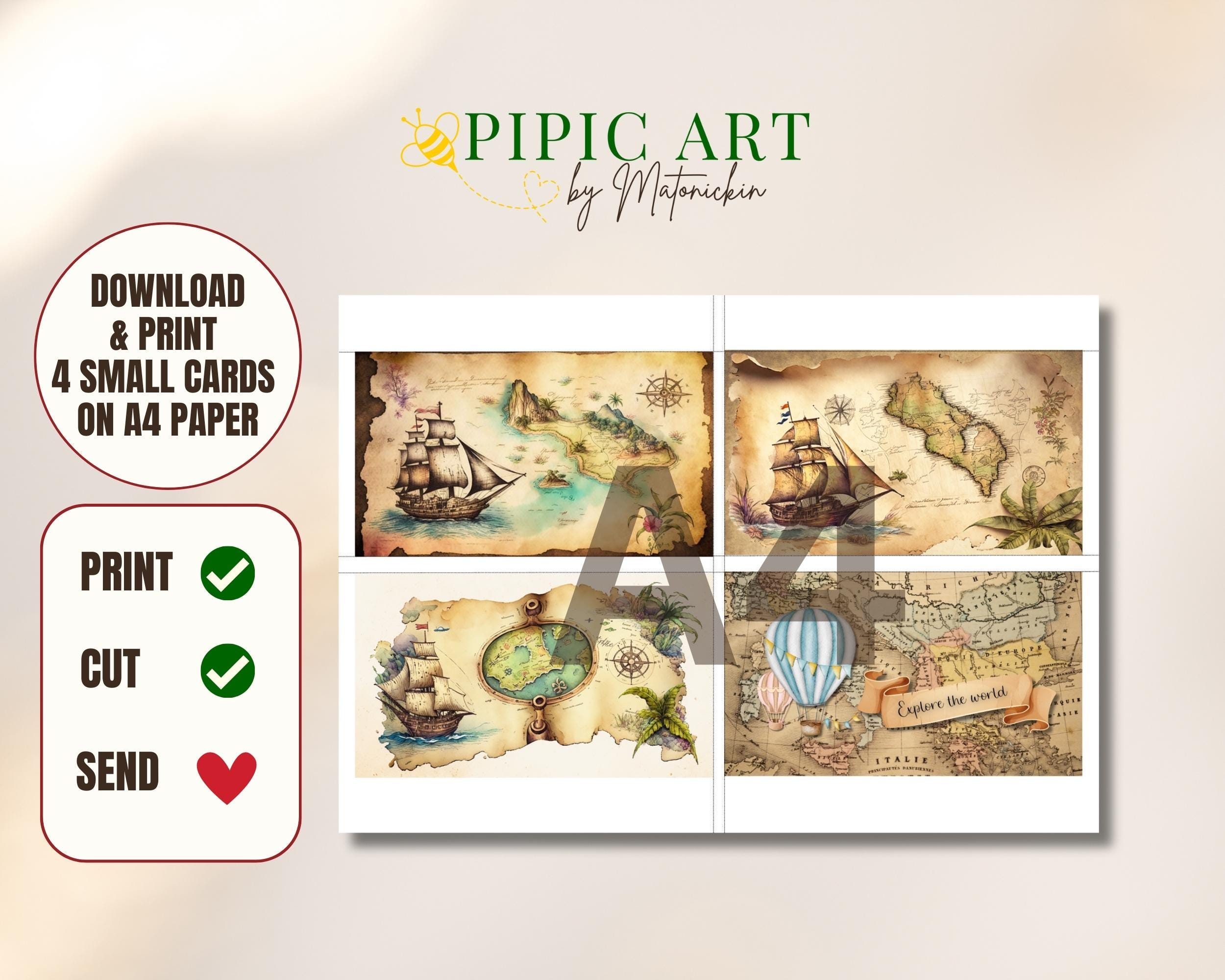 Printable Cards, Adventurer's Maps Collection: Vintage Map Cards for ...