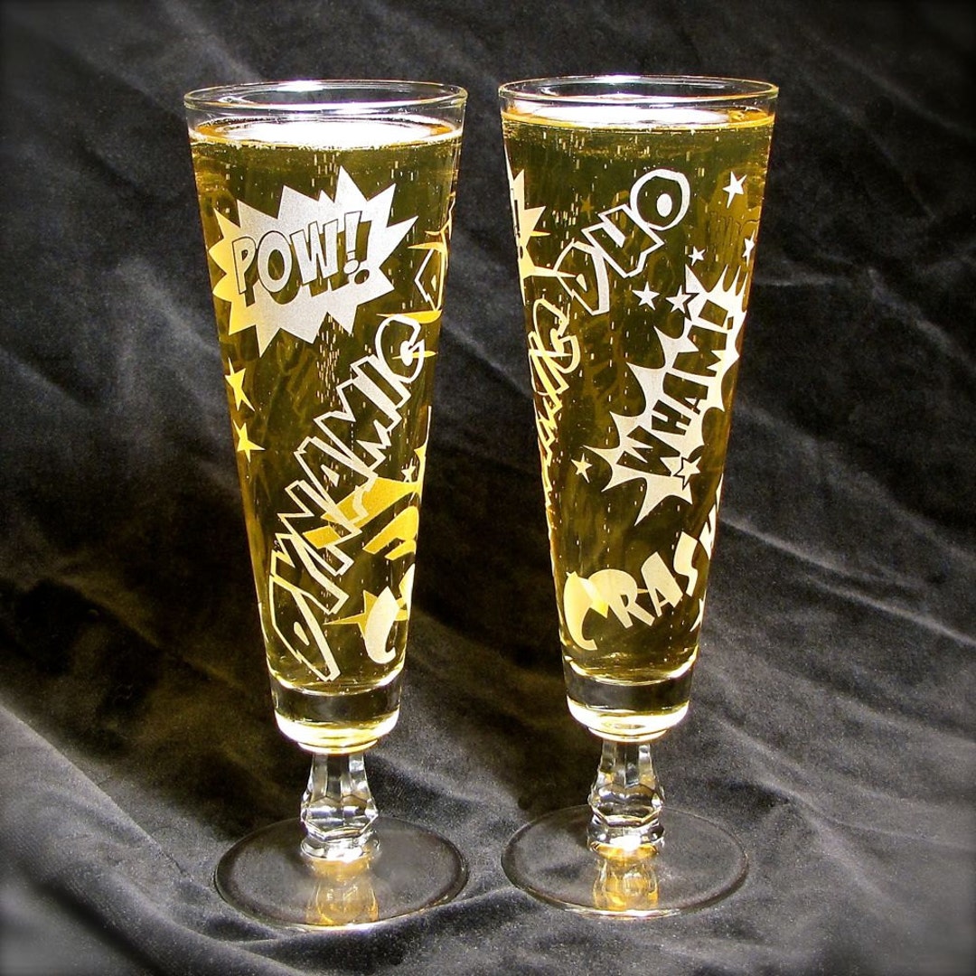 2 Comic Book Wedding Glasses Beer Flutes for Toasting, Etched Glass ...