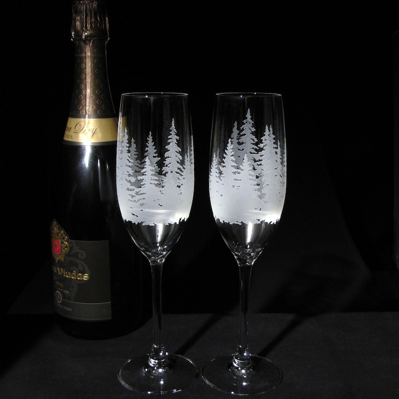 2 Pine Forest Champagne Flutes Rustic Engraved Gift for Bride & Groom ...