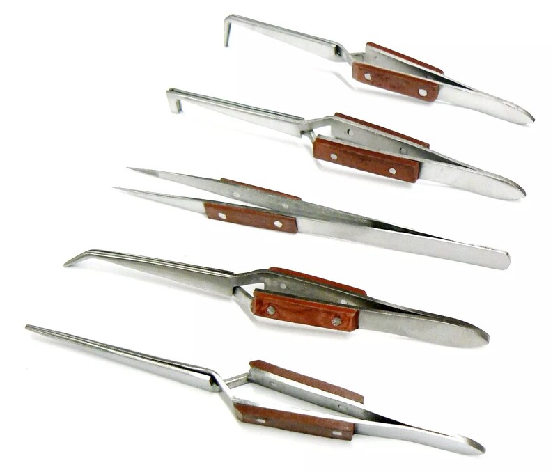 5 Tweezers Jewelry Soldering Fiber Grip Cross Locking Set Bent and ...