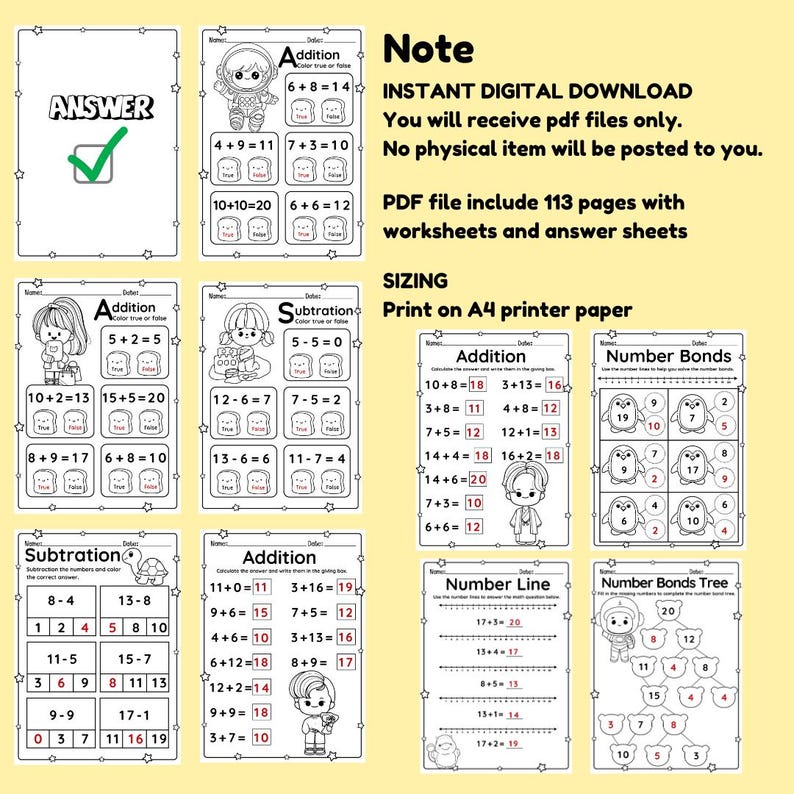 Subtraction & Addition Within 20 Printable Math Worksheet for Kids 1st ...