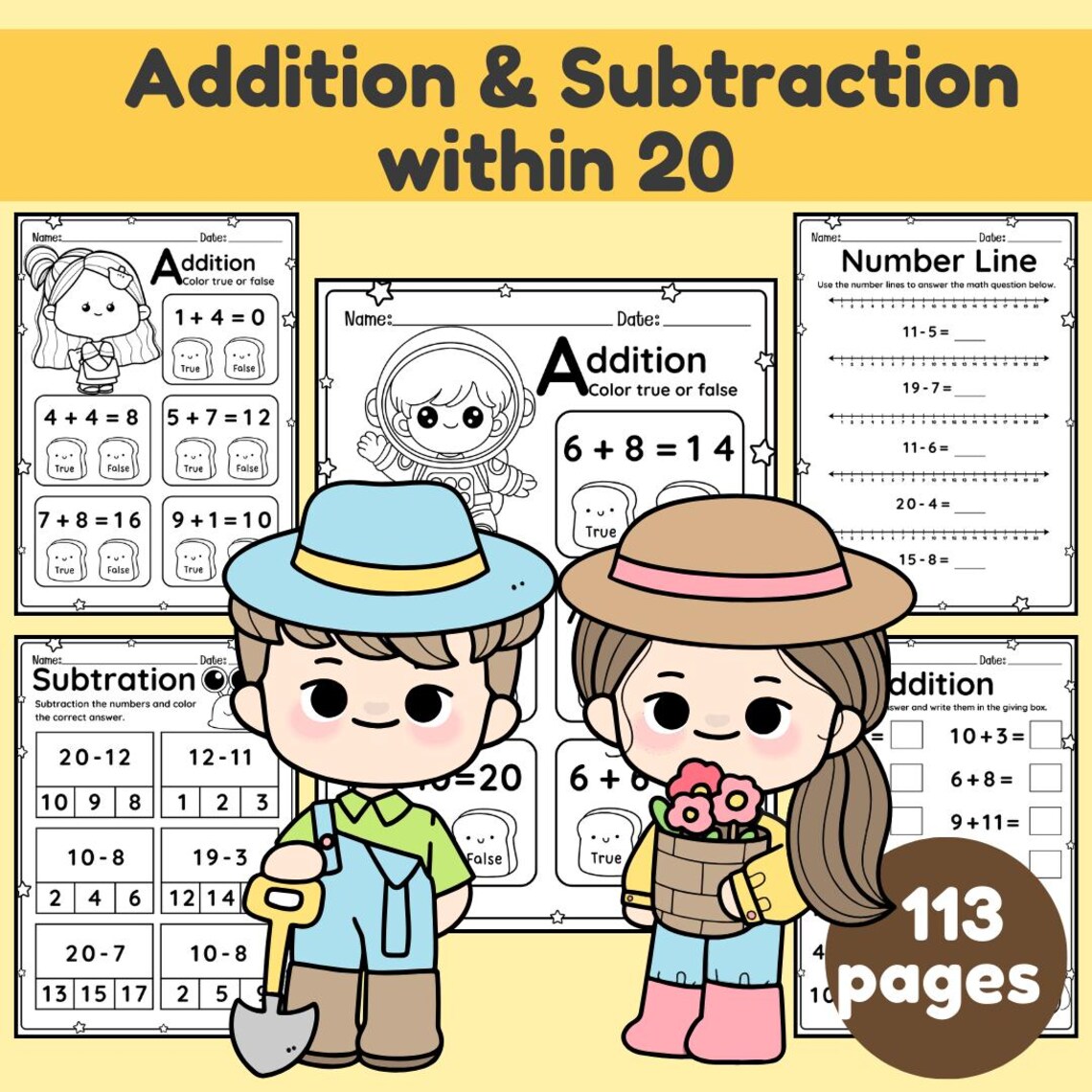 Subtraction & Addition Within 20 Printable Math Worksheet for Kids 1st ...
