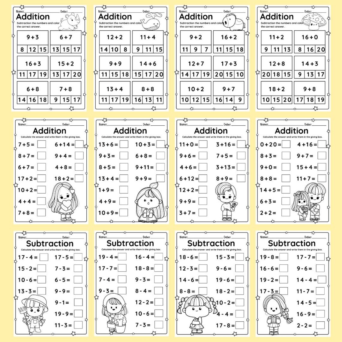 Subtraction & Addition Within 20 Printable Math Worksheet for Kids 1st ...