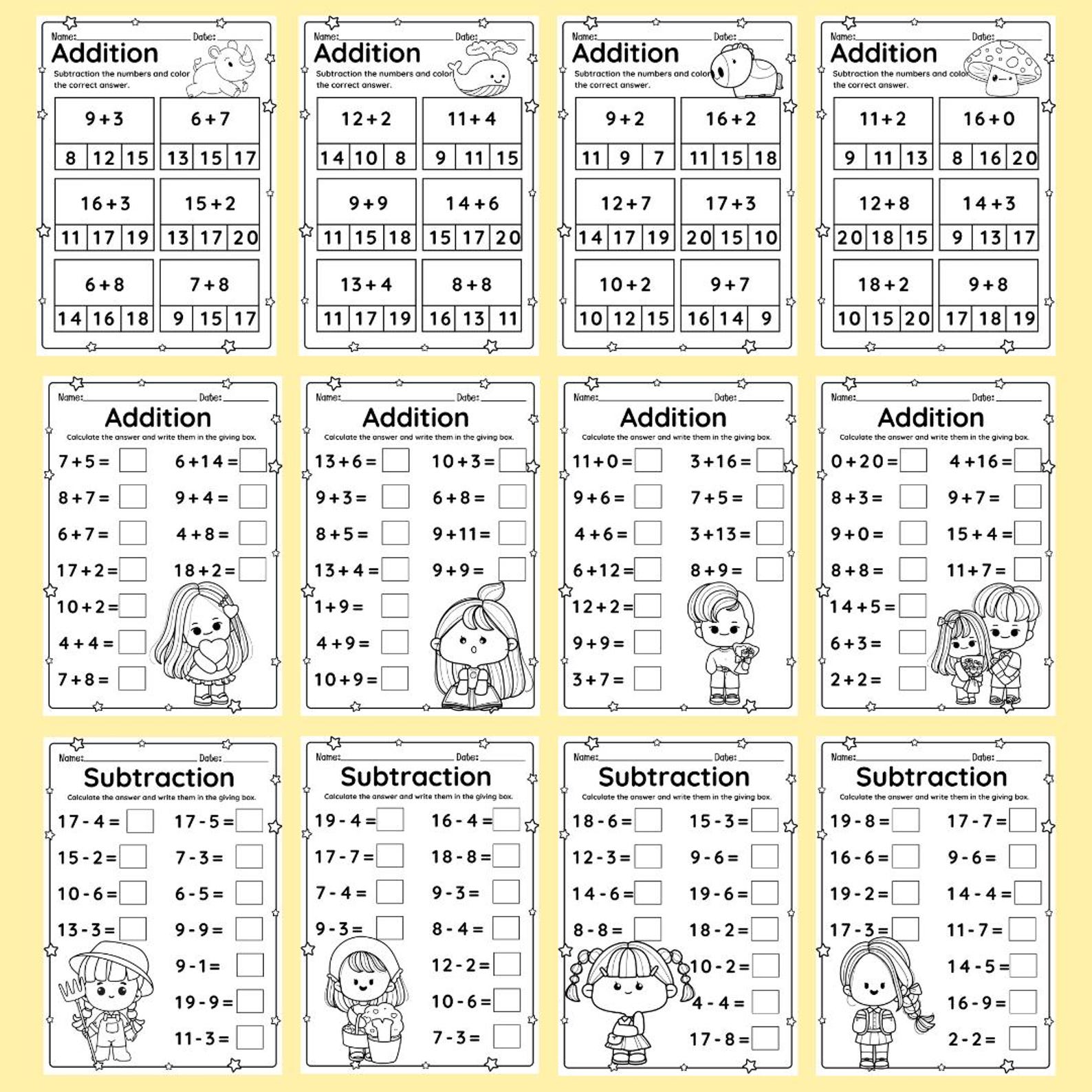 Subtraction & Addition Within 20 Printable Math Worksheet for Kids 1st ...