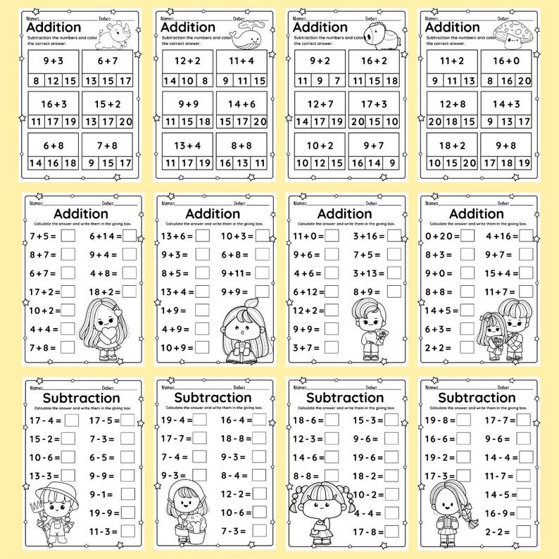 Subtraction & Addition Within 20 Printable Math Worksheet for Kids 1st ...