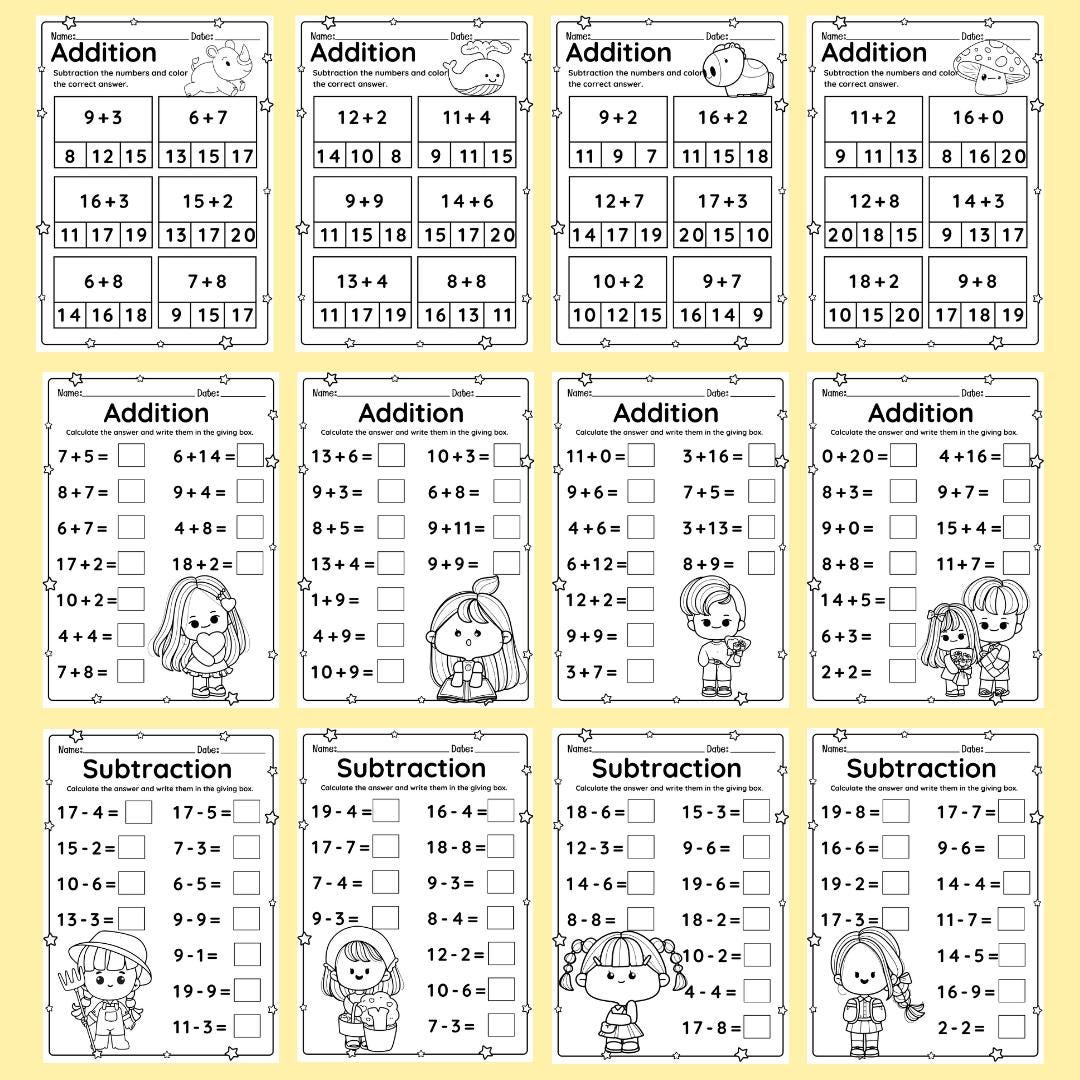 Subtraction & Addition Within 20 Printable Math Worksheet for Kids 1st ...