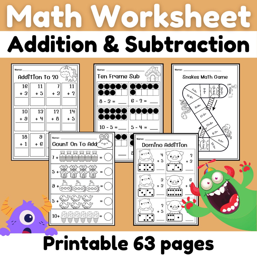 Addition & Subtraction Worksheets Math up to 20-printable - Etsy