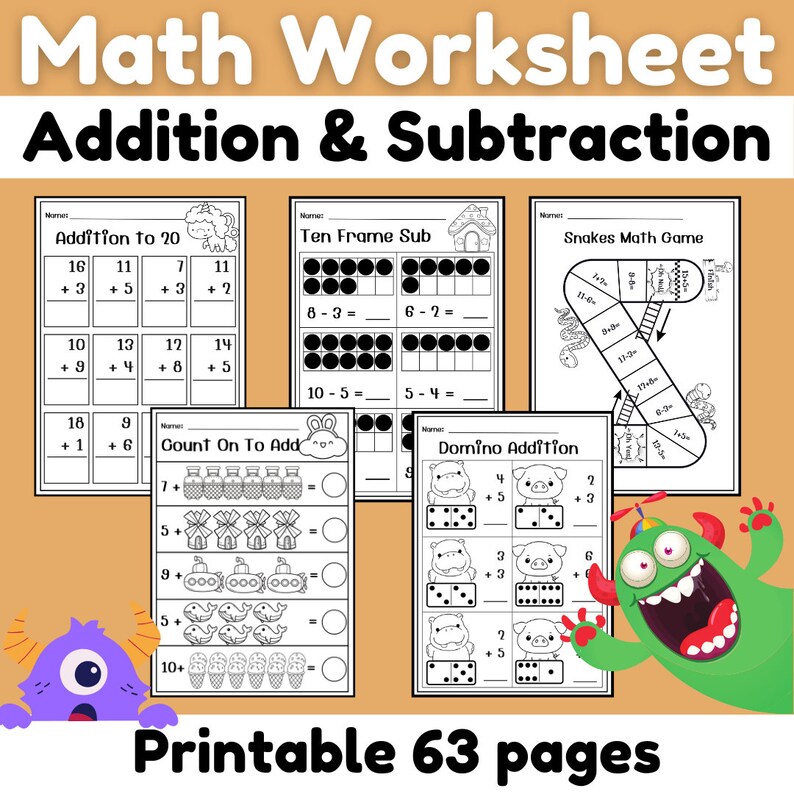 Addition & Subtraction Worksheets Math up to 20-printable - Etsy