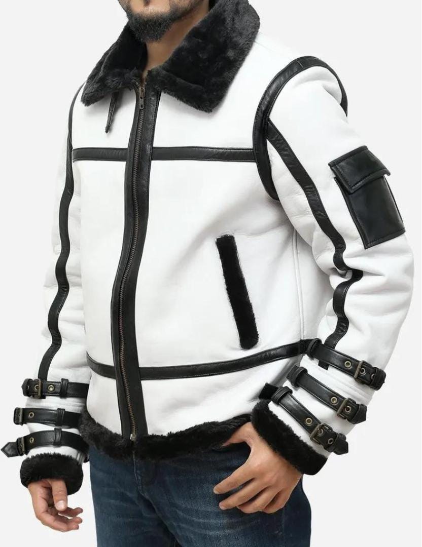 Handmade B3 RAF White Mens Bomber Flying Aviator Real Shearling Leather ...