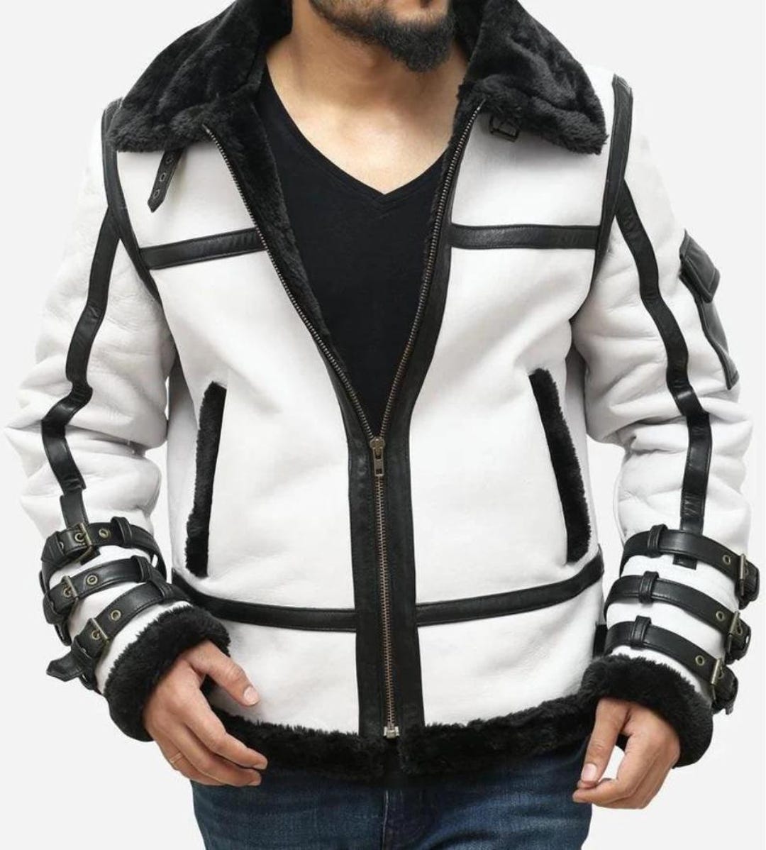 Handmade B3 RAF White Mens Bomber Flying Aviator Real Shearling Leather ...