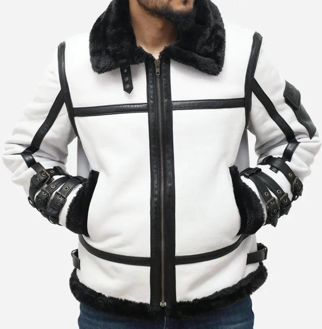 Handmade B3 RAF White Mens Bomber Flying Aviator Real Shearling Leather ...