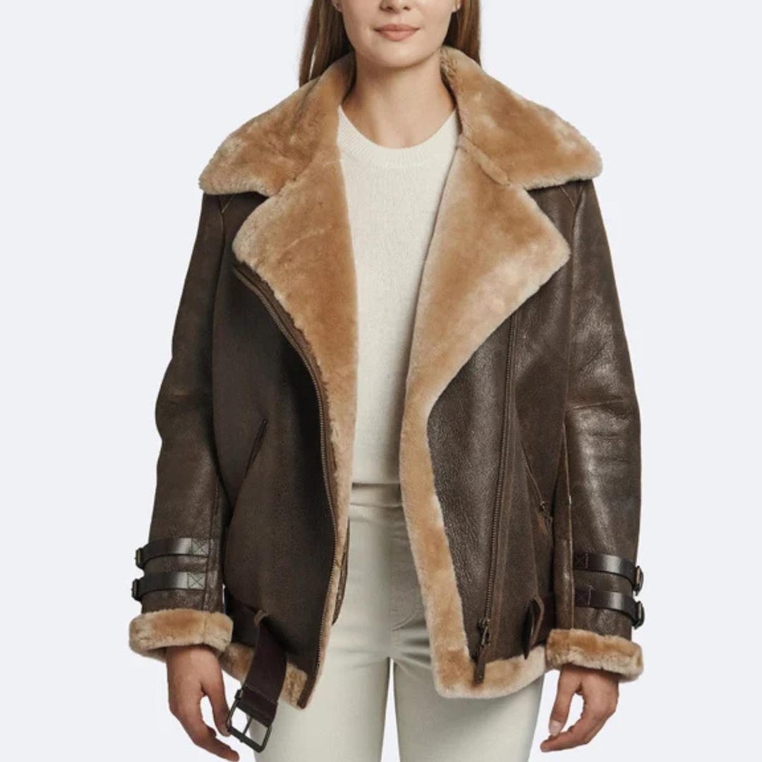 B3 RAF Brown Womens Bomber Flying Aviator Fur Real Shearling Leather ...