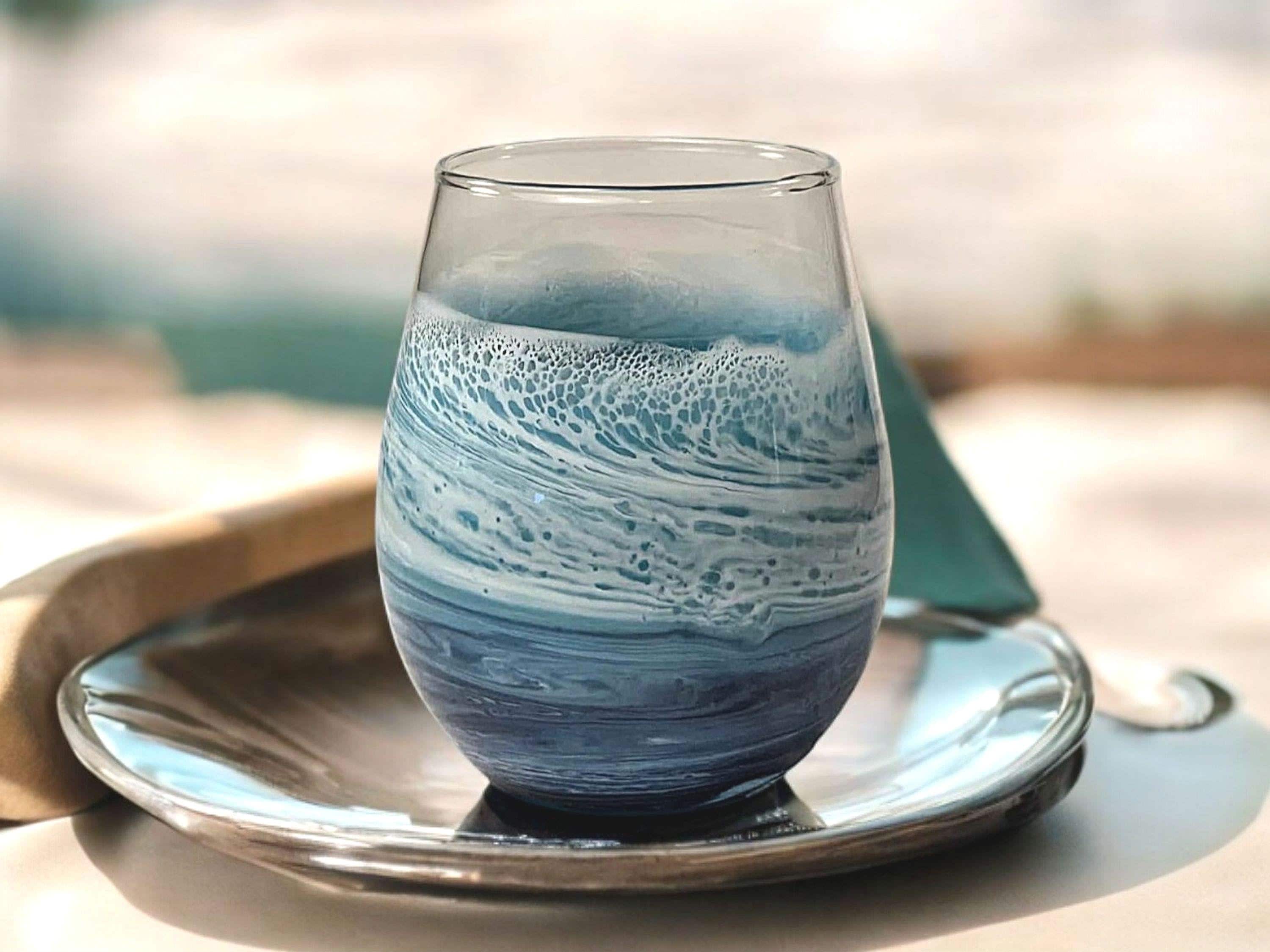 Hand-painted Ocean Wave Stemless Wine Glass: Coastal Decor( Set of 2 ...