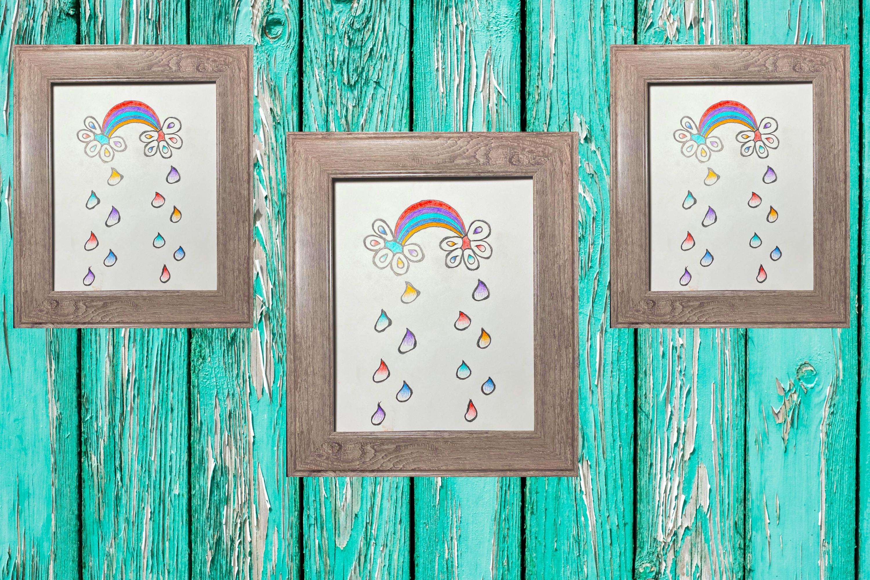 Rainbow With Raindrops Multi Colored Pencil Drawing | Hand Sketched ...
