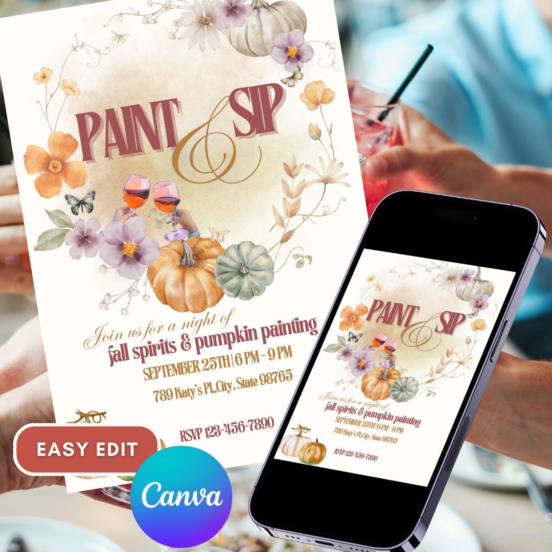 Paint and Sip Editable Party Invitation, Pumpkin Painting Party Evite ...