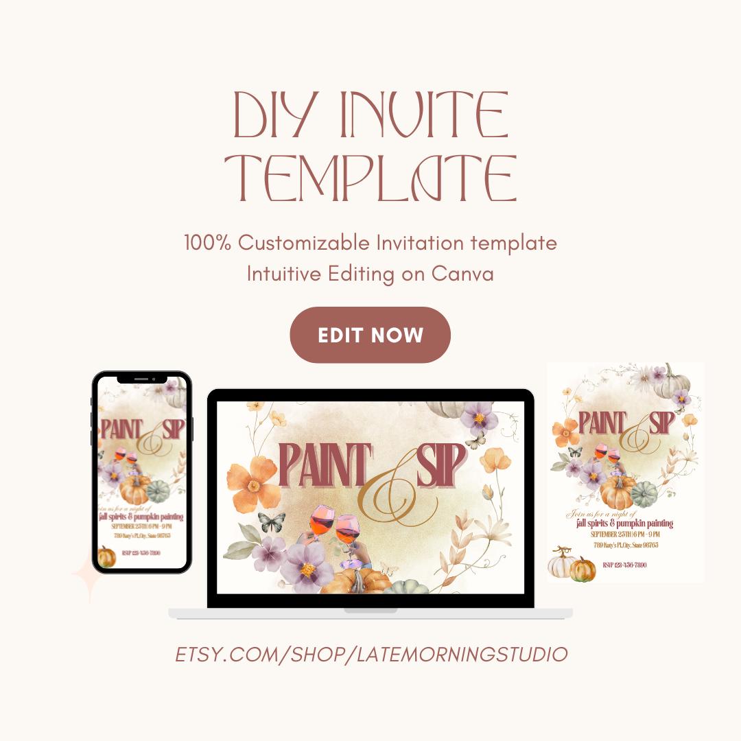 Paint and Sip Editable Party Invitation, Pumpkin Painting Party Evite ...