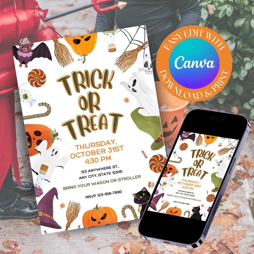 Halloween Trick or Treating Party Editable Invitation, Halloween Kids ...