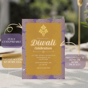Diwali Festival Invitation, Happy Diwali Invite, Gold and Purple Diwali ...