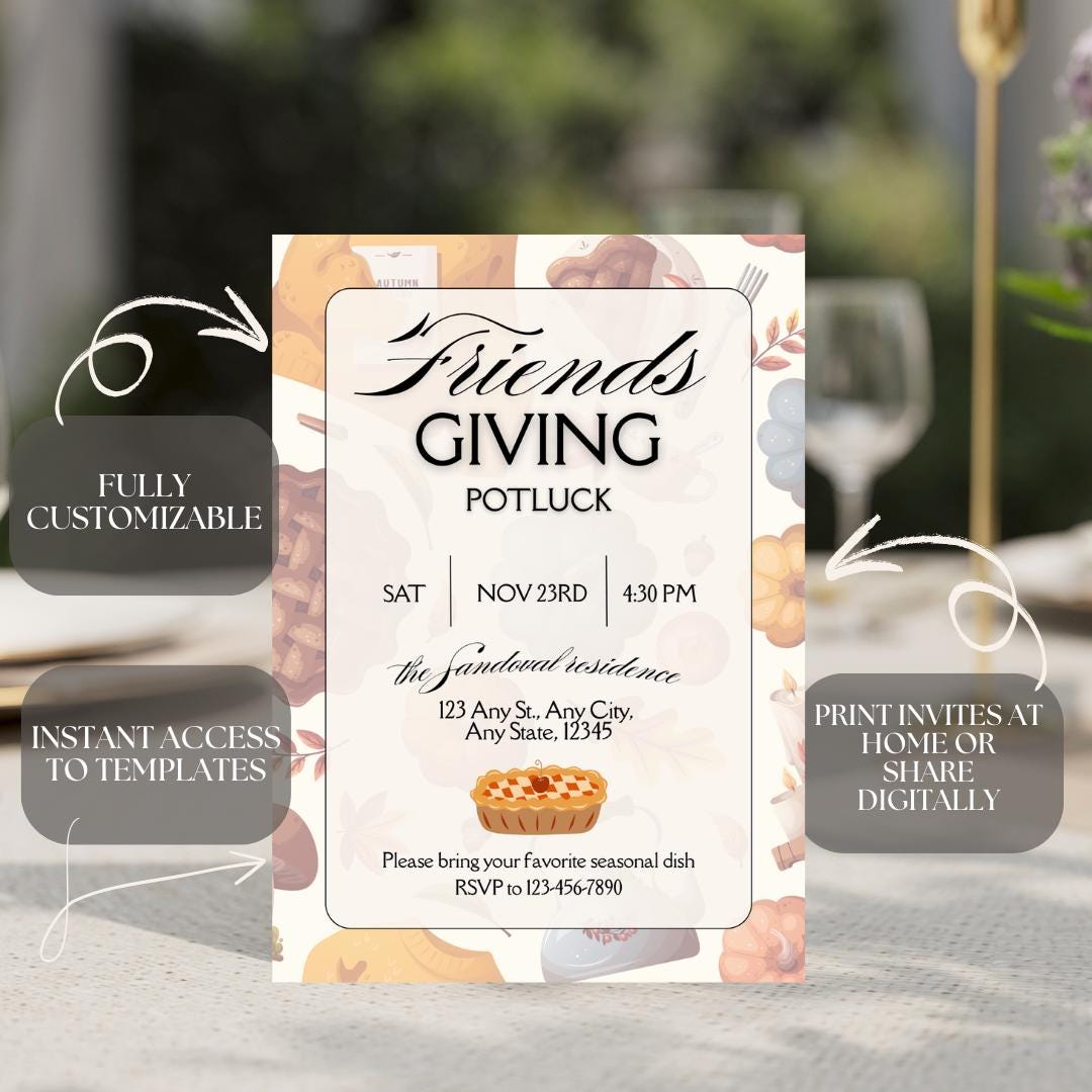 Friendsgiving Potluck Dinner Invitation Template, Thanksgiving Party ...