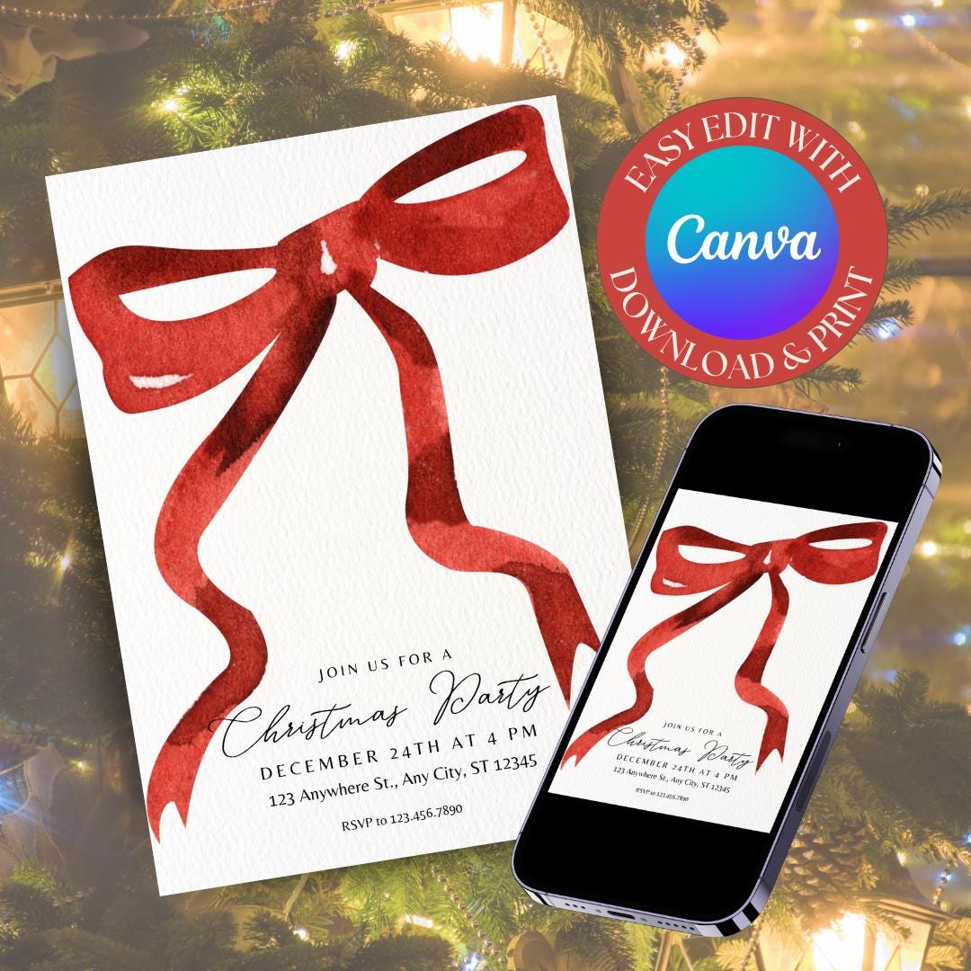 Bow Christmas Party Invitation, Christmas Party Invite, Christmas Party ...
