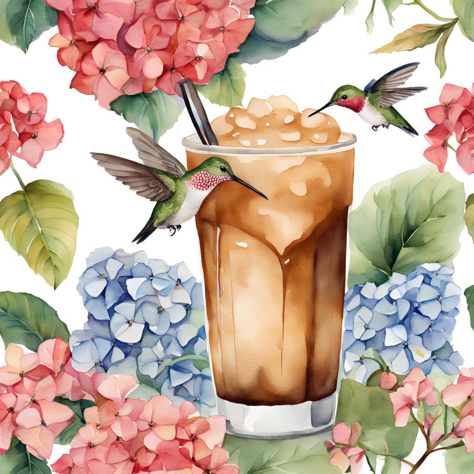 Watercolor Iced Coffee Clipart: Floral Coffee PNG (digital Download) - Etsy