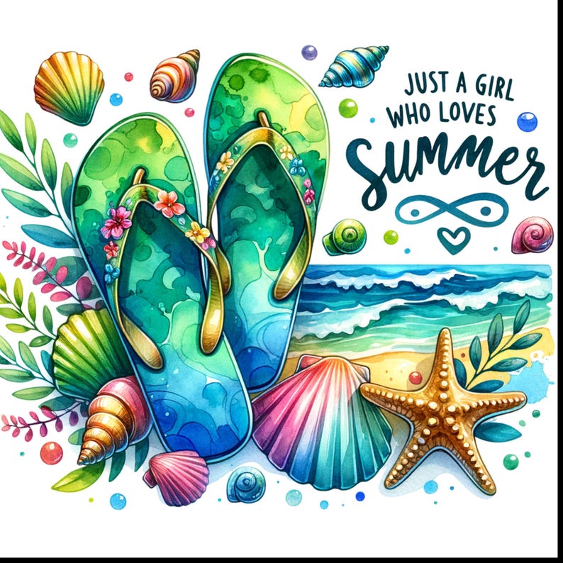 Beach Girl Summer Clipart: Flip Flops & Seashells (PNG) - Etsy