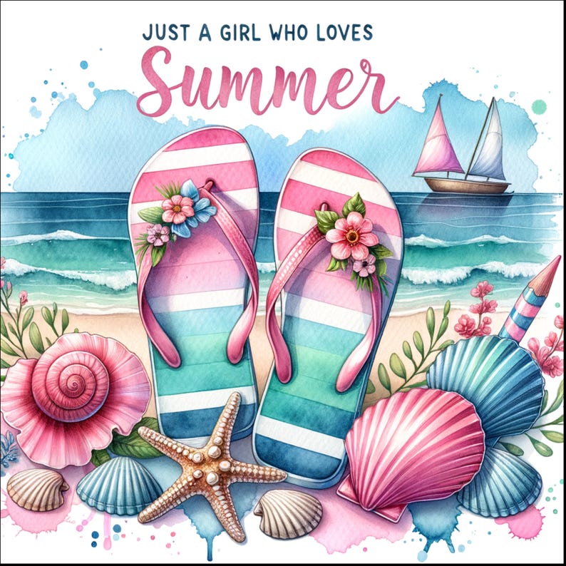 Beach Girl Summer Clipart: Flip Flops & Seashells (PNG) - Etsy