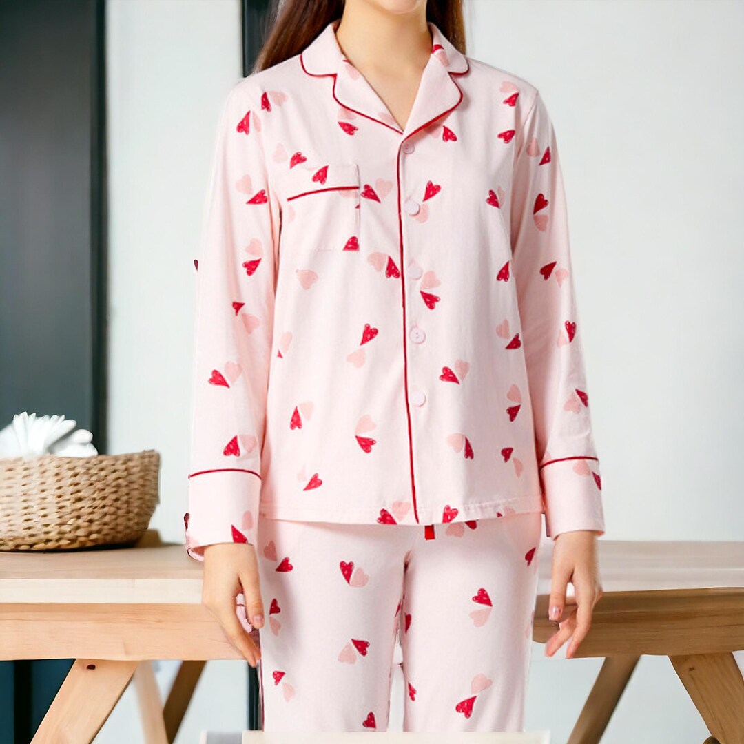 Pink Cotton Heart Pajamas Shirt and Trouser Pajama Set Soft Luxury ...