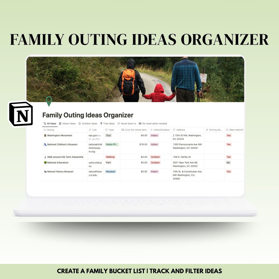 Family Outing Ideas Organizer Notion Template | Get Outside | the ...
