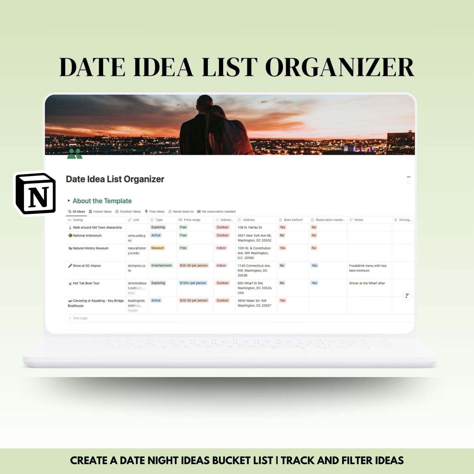 Date Idea List Organizer Notion Template | Date Night Ideas & Bucket ...