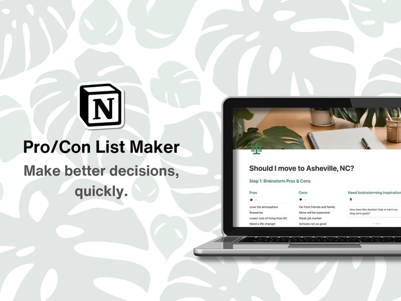 Pro/con List Maker Notion Template | Decision Maker Digital Planner - Etsy