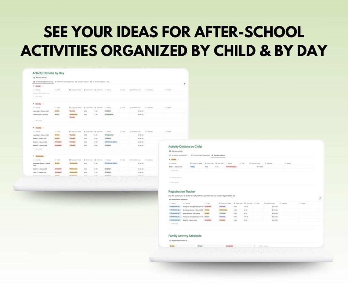 Extracurricular Activities Planner for Families Notion Template | Plan ...