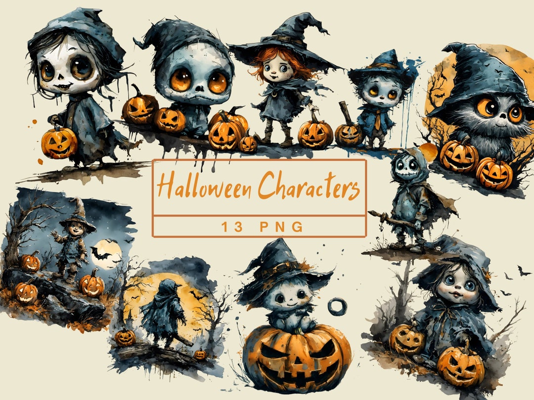 10 Cute Halloween Clip Art Characters Set Kawaii, Spooky, Gothic ...