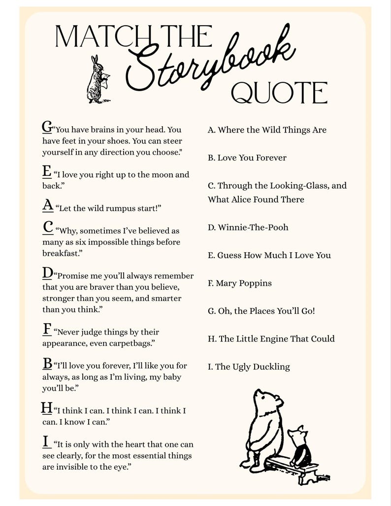 Baby Shower Game - Storybook Quote Matching - Etsy