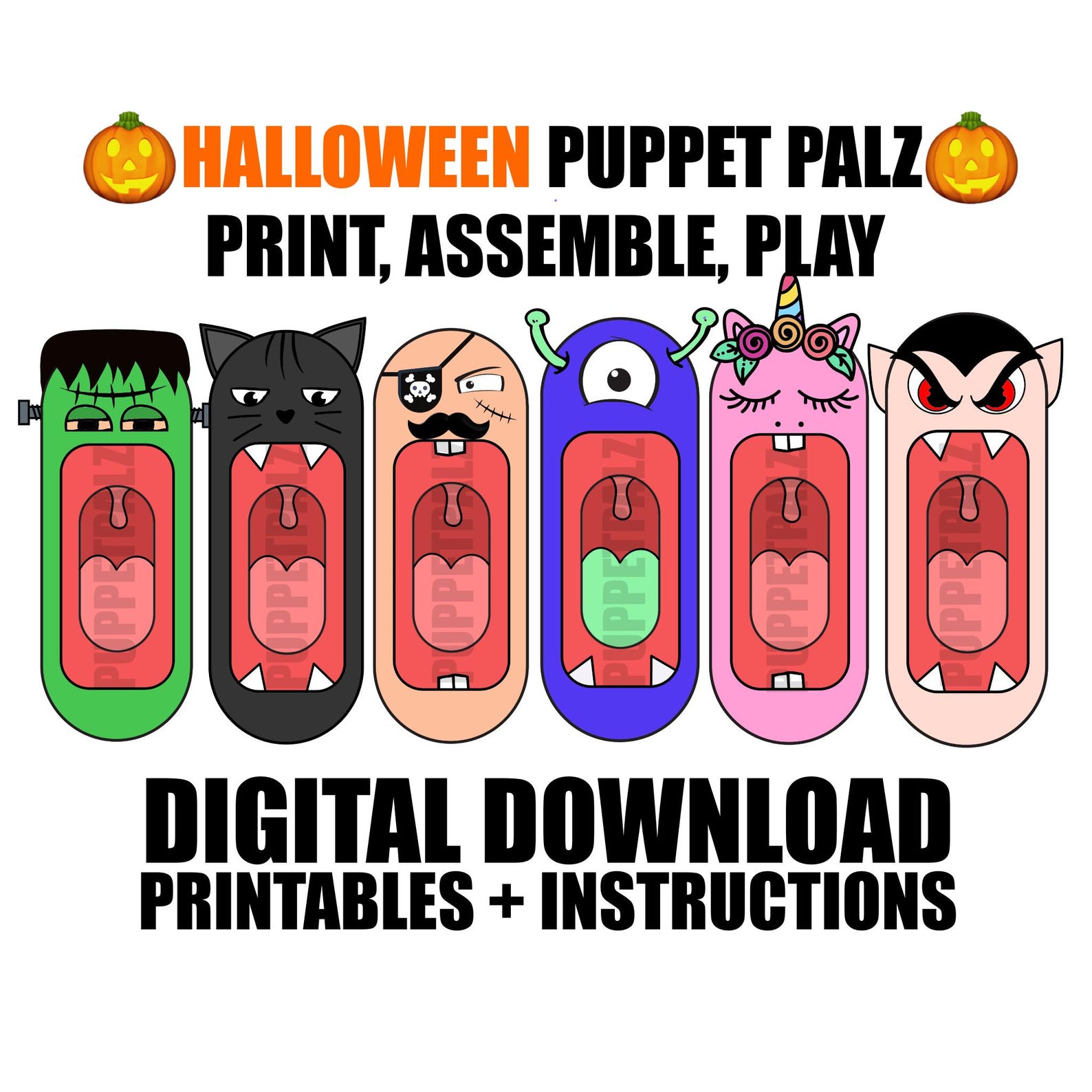Printable HALLOWEEN Puppet Palz, Paper Hand Puppets, Digital Download ...