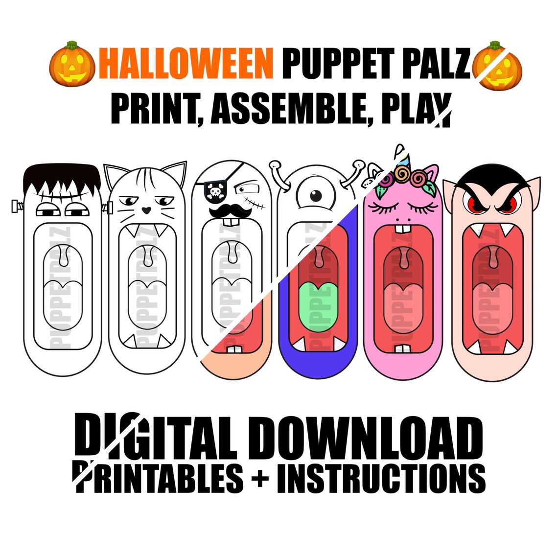 Printable HALLOWEEN Puppet Palz, Paper Hand Puppets, Digital Download ...