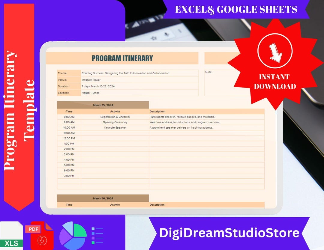 Program Itinerary Template, Google Sheets for Event Planners, Travel ...