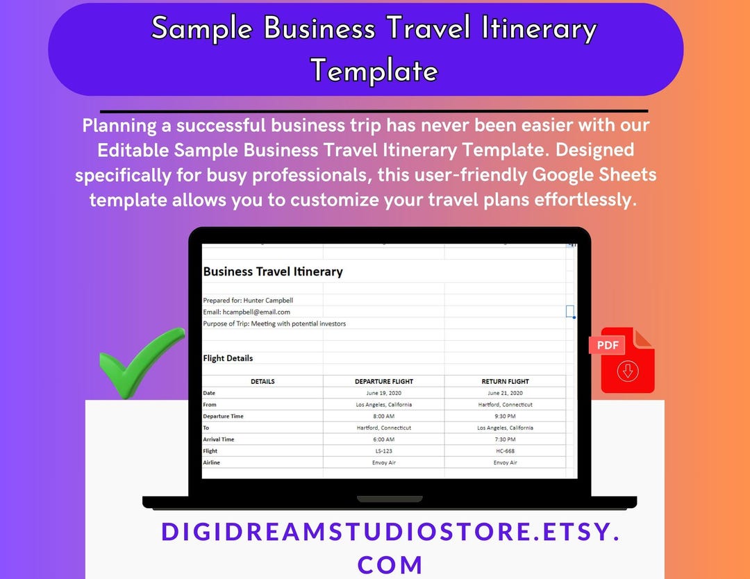 Sample Business Travel Itinerary Template Easy to Use Digital Download ...