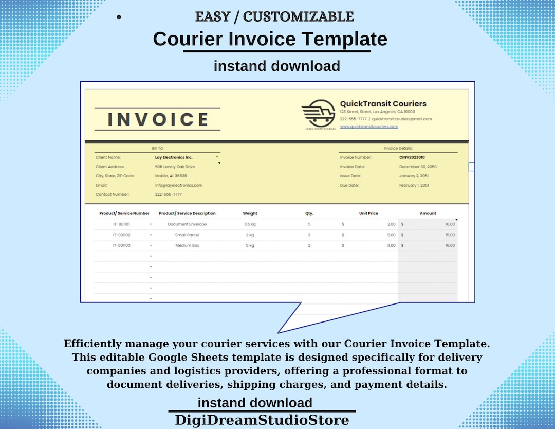 Editable Courier Invoice Template Easy Digital Download for Delivery ...
