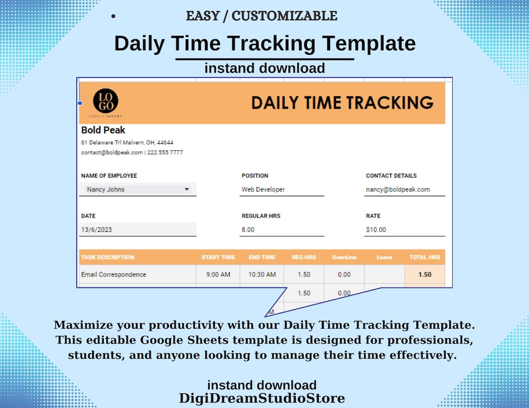 Editable Daily Time Tracking Template Easy Digital Download for ...