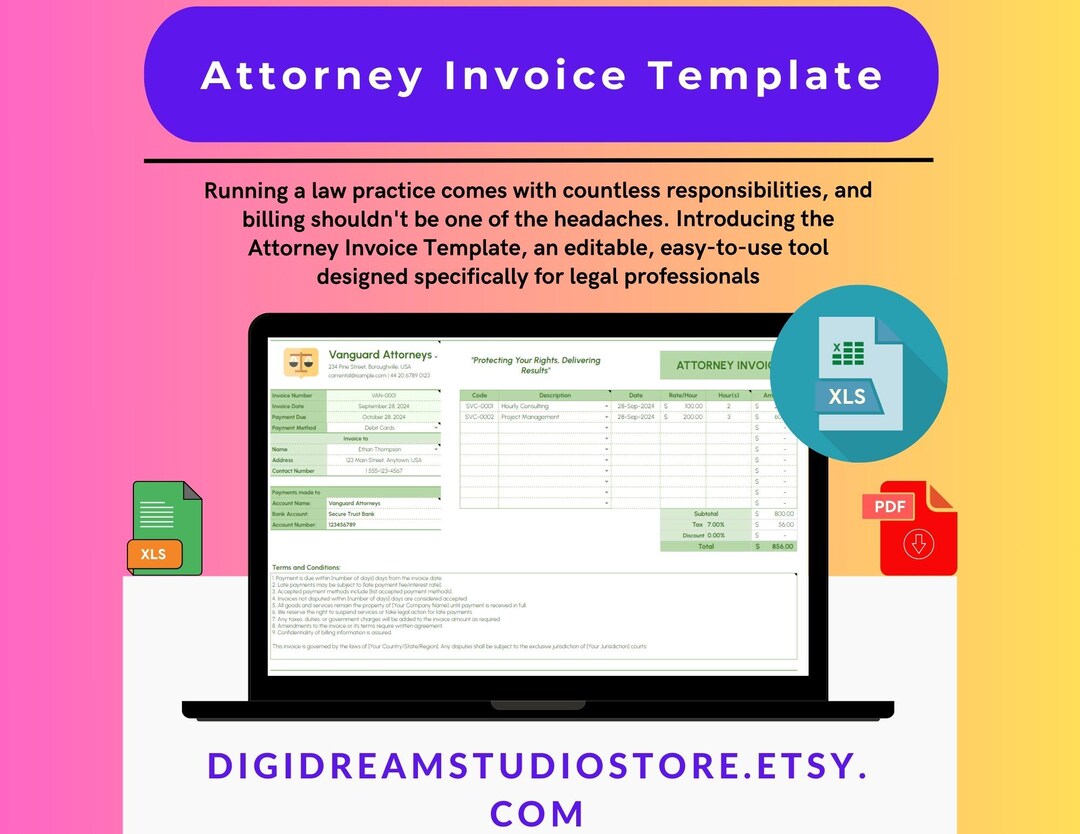 Attorney Invoice Template, Editable Legal Billing Document, Digital ...