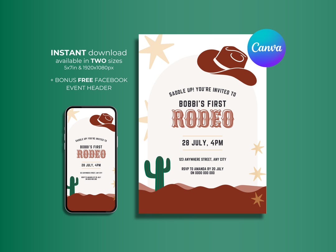 First Rodeo Birthday Invitation | Canva Instant Download Template ...