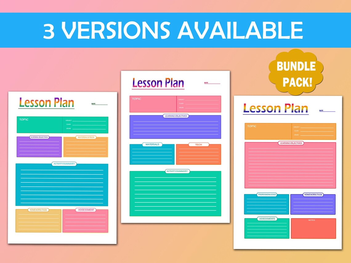 Colorful Lesson Plan Template, Printable & Fillable, Homeschool Teacher ...