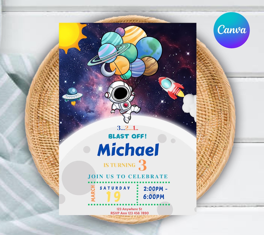 Editable Outer Space Birthday Invitation Template, Astronaut Birthday ...