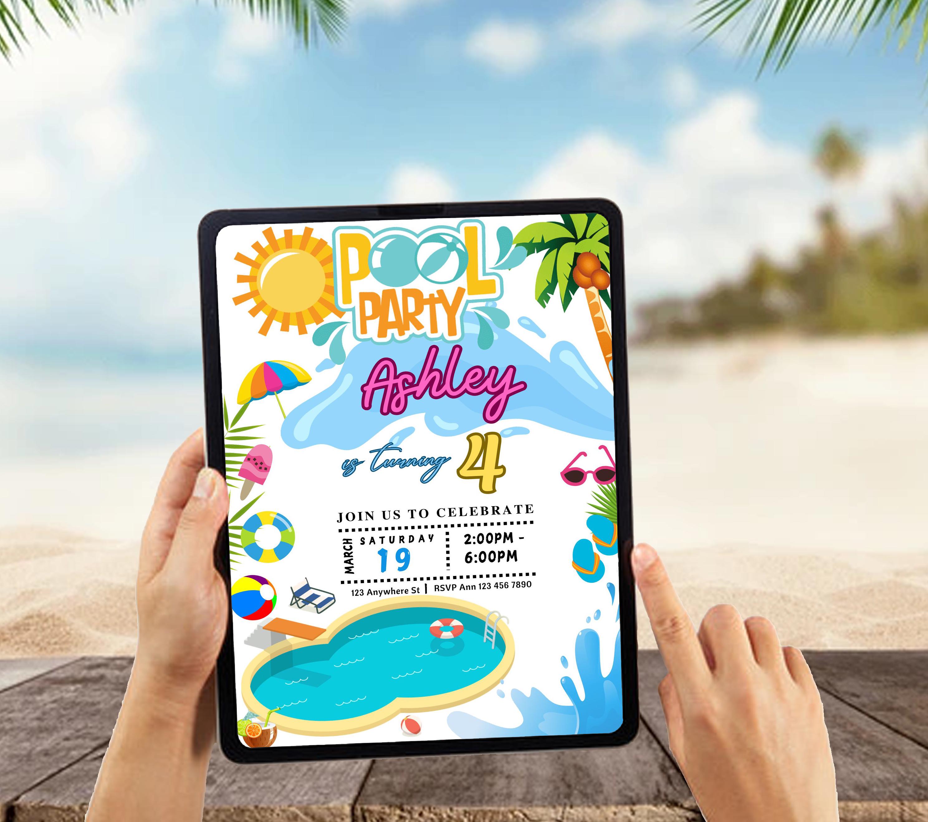 Editable Pool Party Birthday Invitation Template, Pool Party Birthday ...
