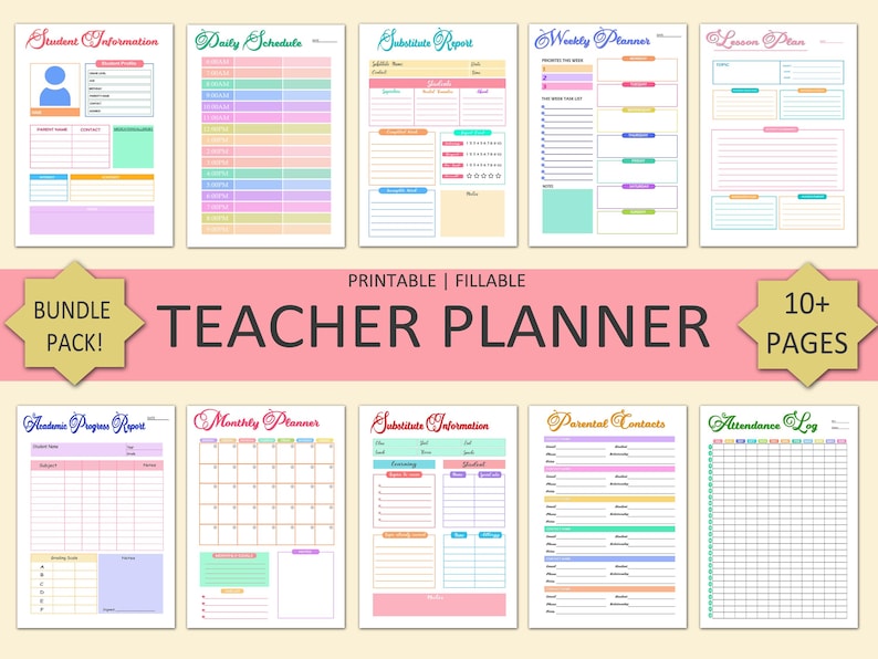 TEACHER Planner Printable | Fillable, 10+ Pg BUNDLE, Lesson Plan ...