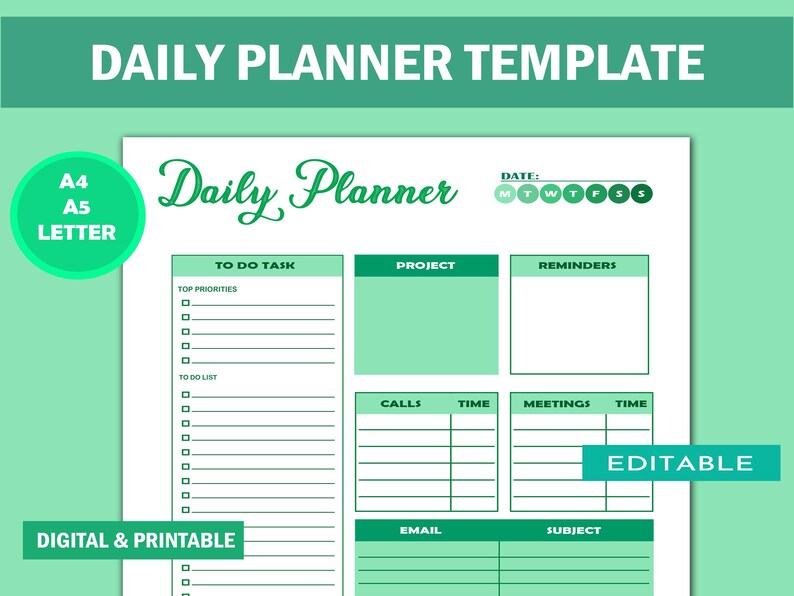 Editable Daily Planner | to Do List | Printable Productivity Day ...