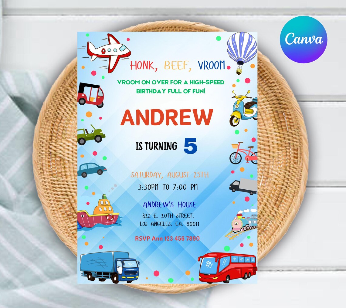 Editable Transportation Birthday Invitation Template, Transport ...